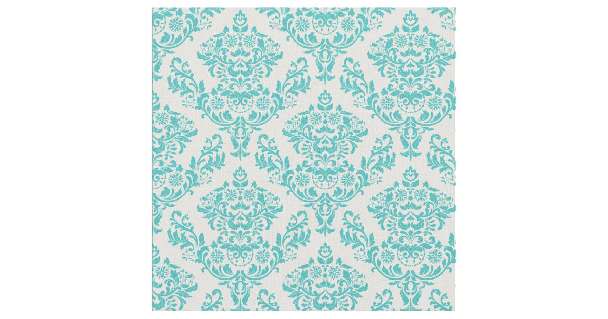 Turquoise and White Damask Fabric | Zazzle