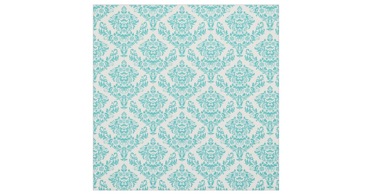 Turquoise and White Damask Fabric | Zazzle