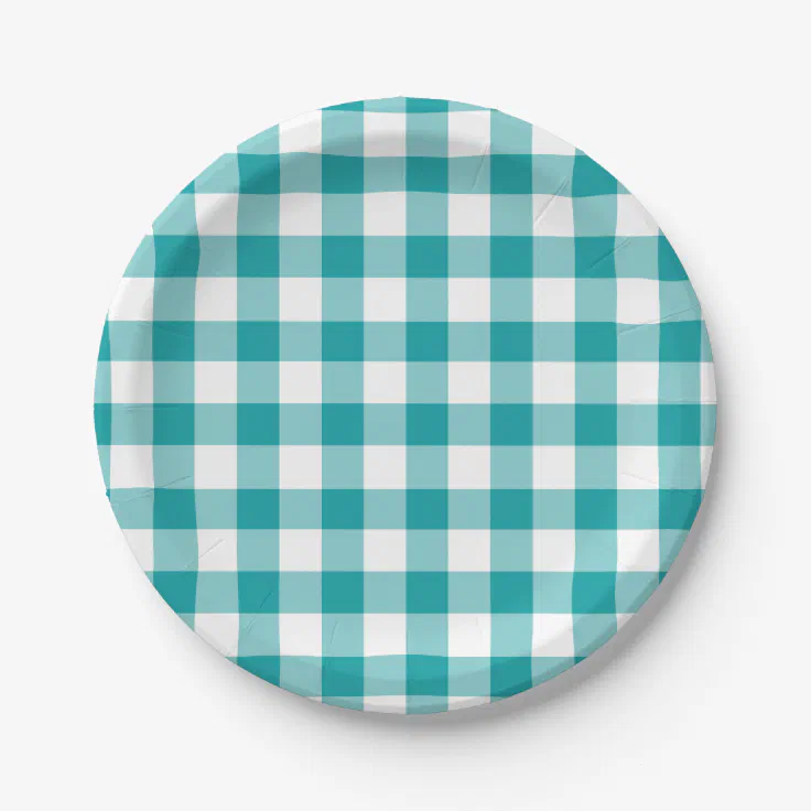 Turquoise and White Gingham Pattern Paper Plates | Zazzle