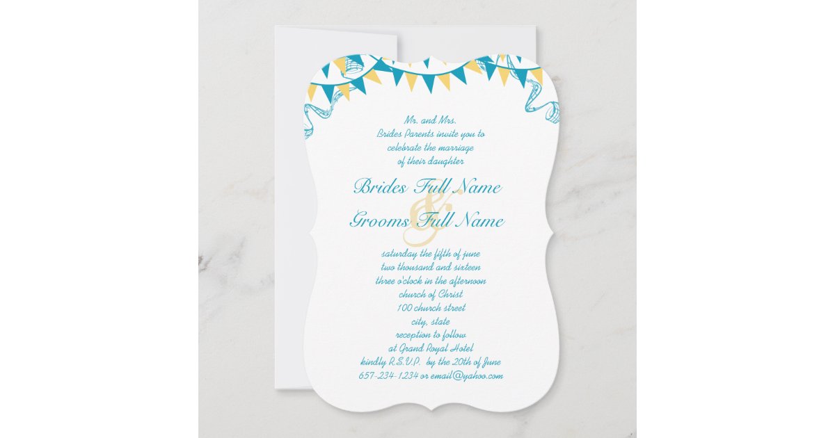 Turquoise and Yellow Bunting Pennant Wedding Invitation | Zazzle