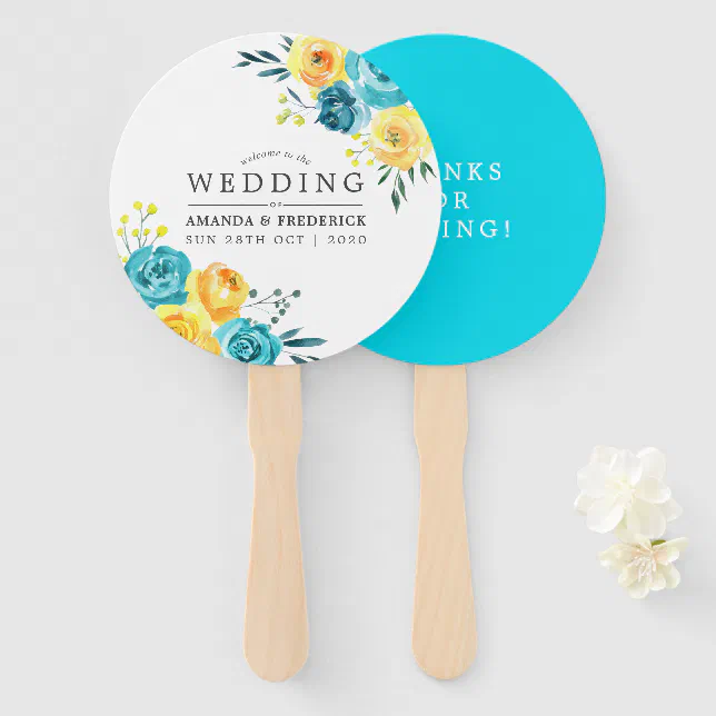 Turquoise and Yellow Floral Wedding Favor Hand Fan | Zazzle