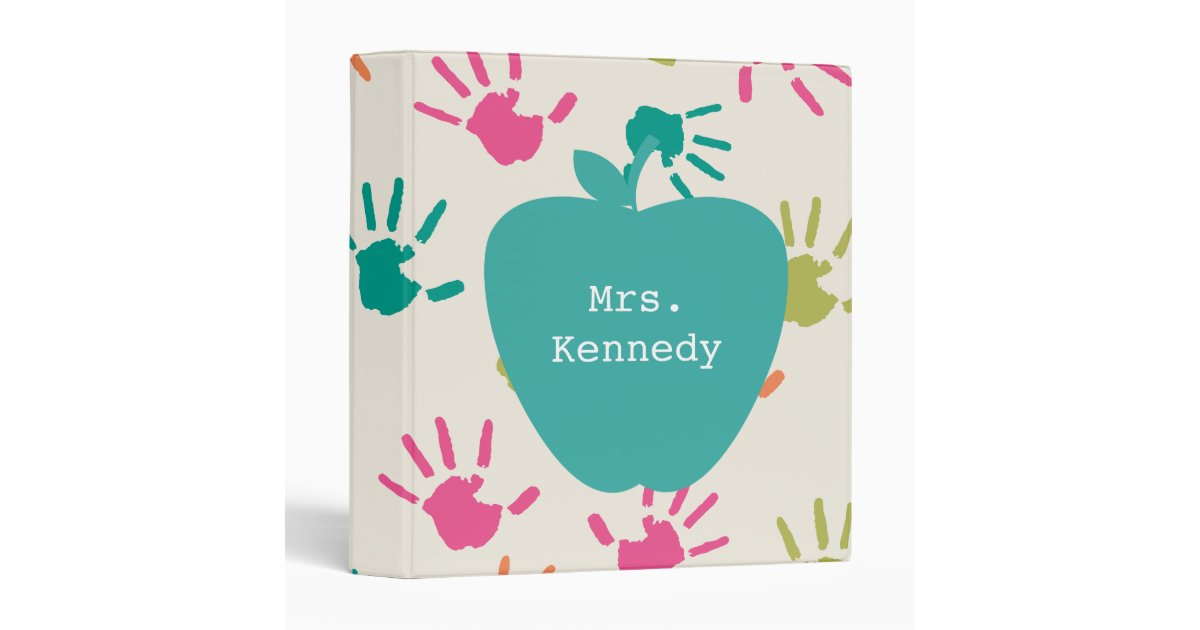 Turquoise Apple Colorful Handprints Teacher Binder | Zazzle