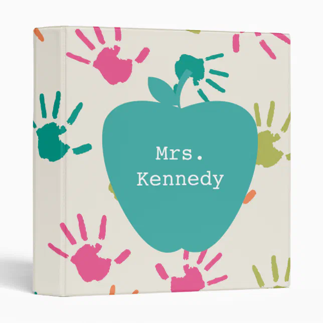 Turquoise Apple Colorful Handprints Teacher Binder | Zazzle