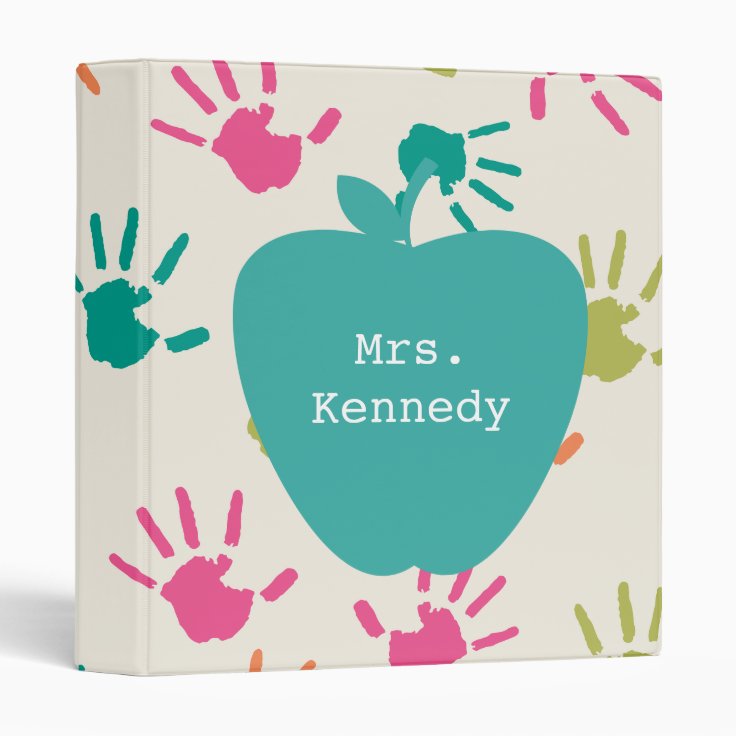 Turquoise Apple Colorful Handprints Teacher Binder | Zazzle