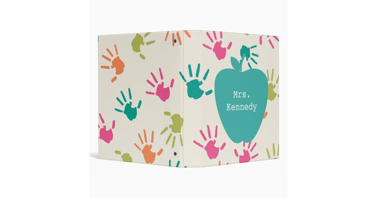 Turquoise Apple Colorful Handprints Teacher Binder | Zazzle