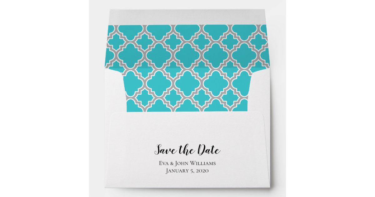 Turquoise Aqua Blue Teal Quatrefoil Save The Date Envelope | Zazzle