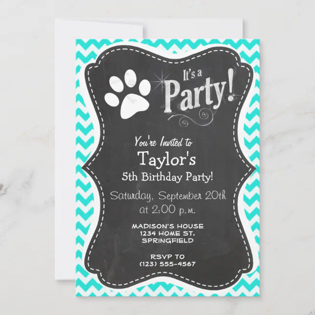 Turquoise, Aqua Color Chevron; Paw Print Invitation | Zazzle