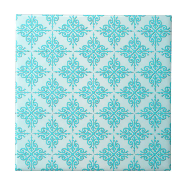 Turquoise Aqua Damask Pattern Tile | Zazzle