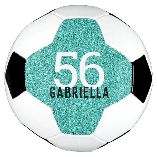 Turquoise Aqua Glittery Name and Team Number Soccer Ball | Zazzle