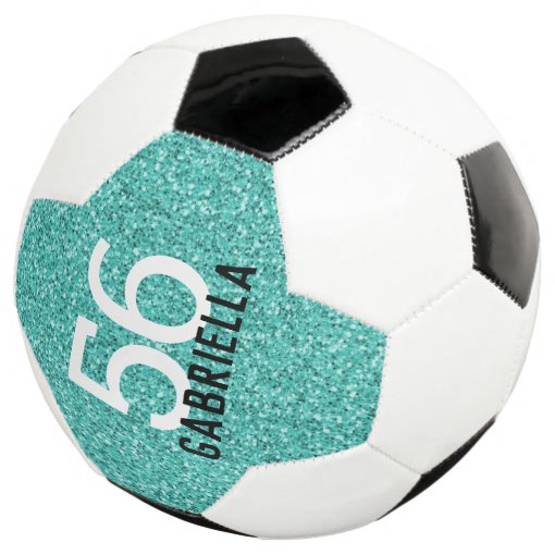 Turquoise Aqua Glittery Name and Team Number Soccer Ball | Zazzle
