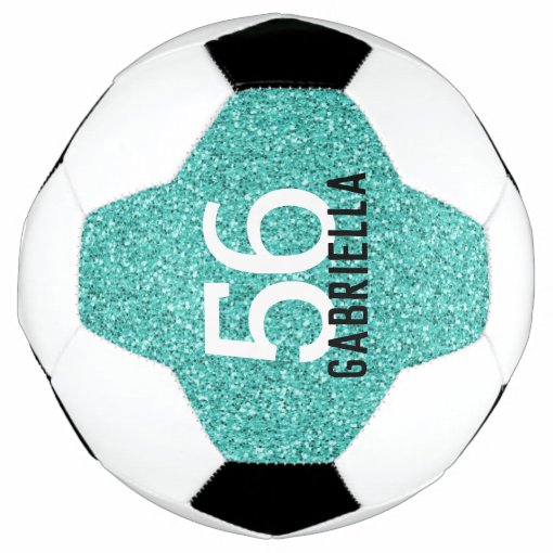 Turquoise Aqua Glittery Name and Team Number Soccer Ball | Zazzle