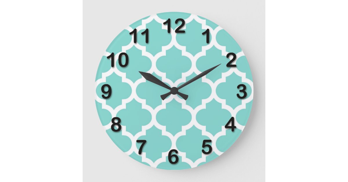 Turquoise Aqua Wht Moroccan Quatrefoil Pattern #5 Large Clock | Zazzle