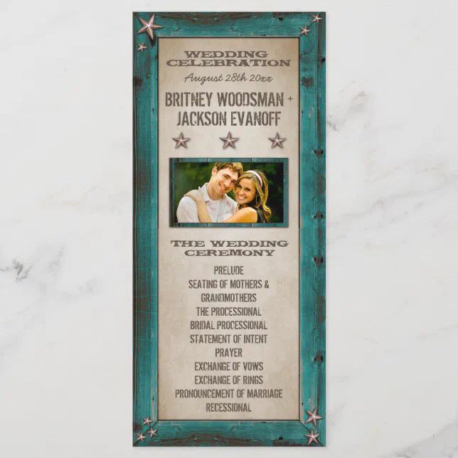 Turquoise Barn Wood Stars Western Wedding Programs | Zazzle