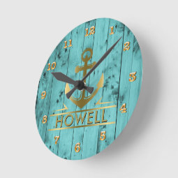 Turquoise Barn Wood Teal Woodgrain Nautical Anchor Round Clock | Zazzle