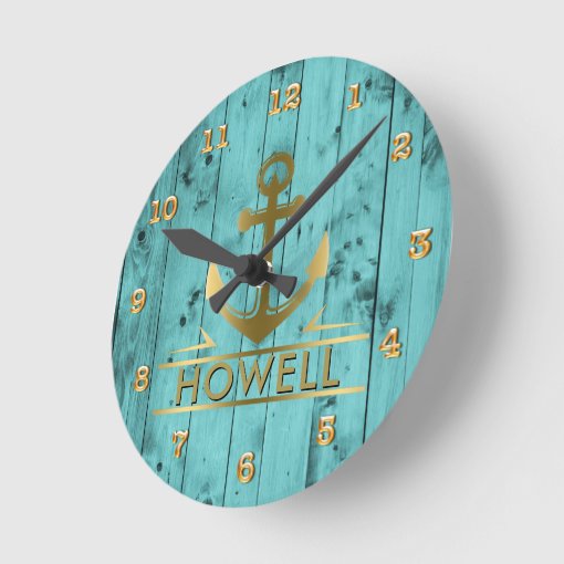 Turquoise Barn Wood Teal Woodgrain Nautical Anchor Round Clock | Zazzle