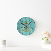 Turquoise Barn Wood Teal Woodgrain Nautical Anchor Round Clock | Zazzle