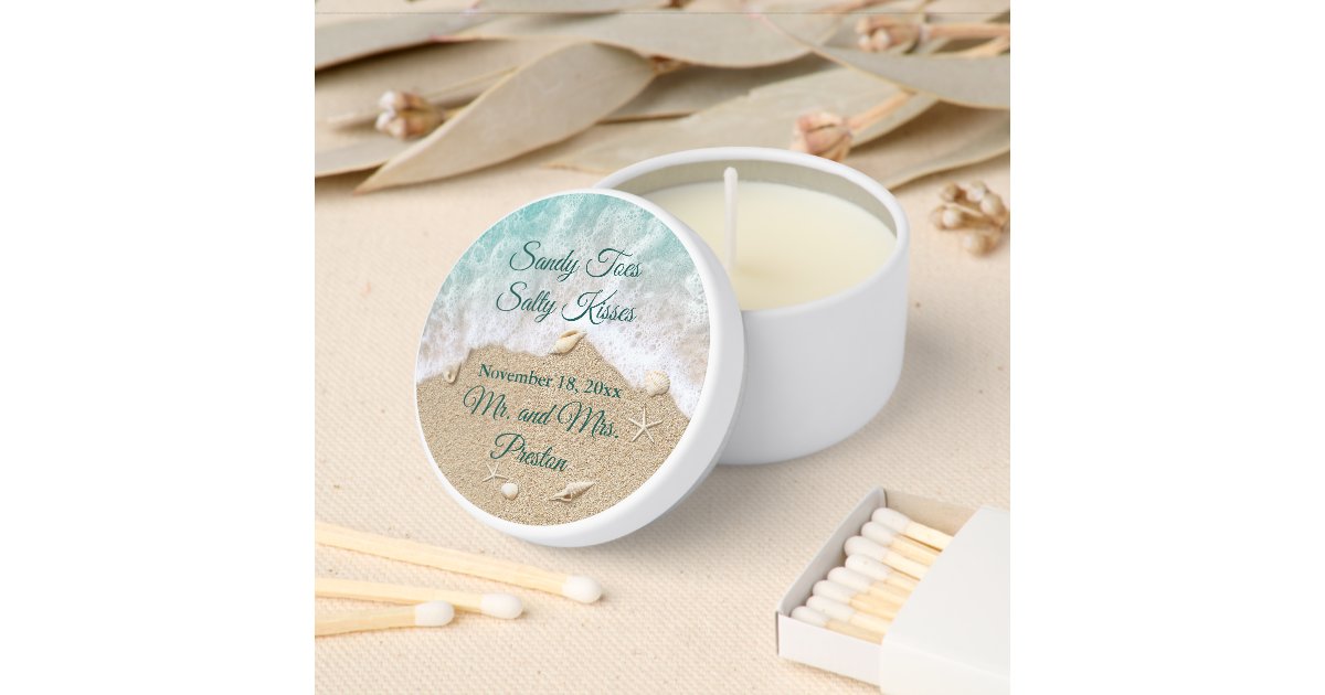 Turquoise Beach Sandy Toes Salty Kisses Wedding Mini Candle Favors | Zazzle