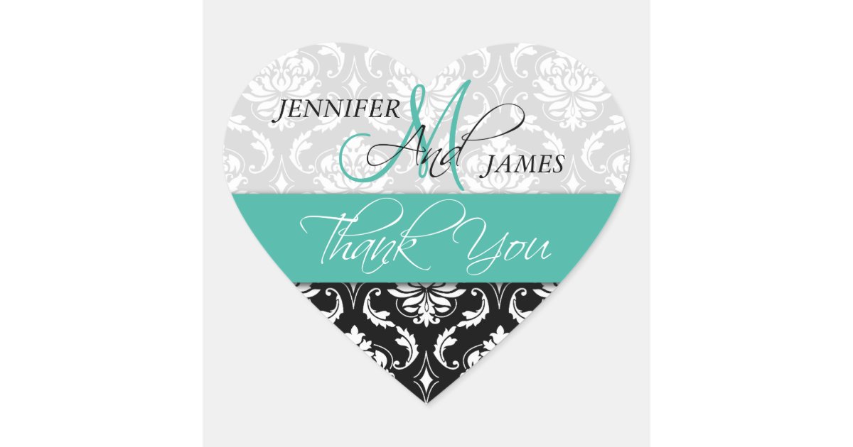 Turquoise Black Damask Wedding Favor Heart Sticker | Zazzle