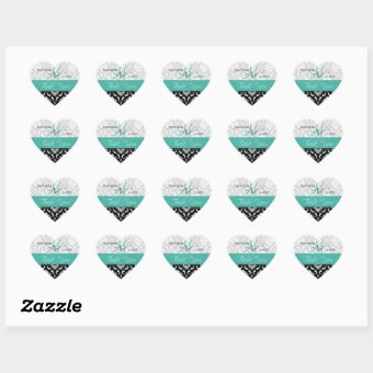 Turquoise Black Damask Wedding Favor Heart Sticker | Zazzle