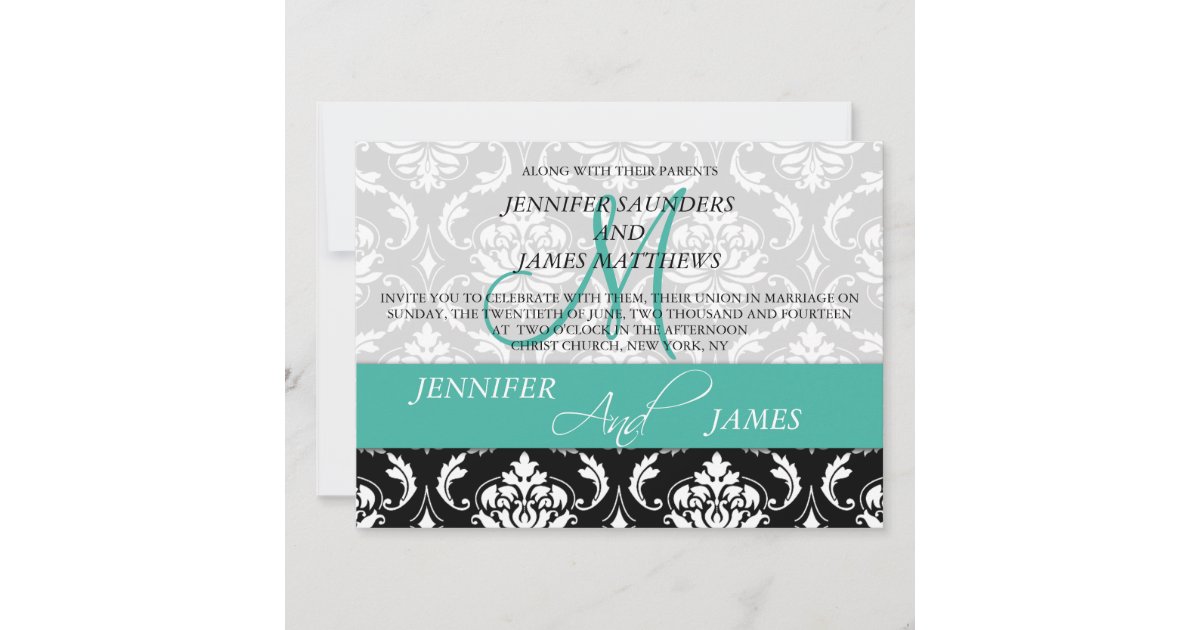 Turquoise Black Damask Wedding Invitation Monogram | Zazzle