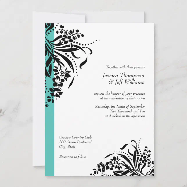 Turquoise & Black Flourish Wedding Invitations | Zazzle