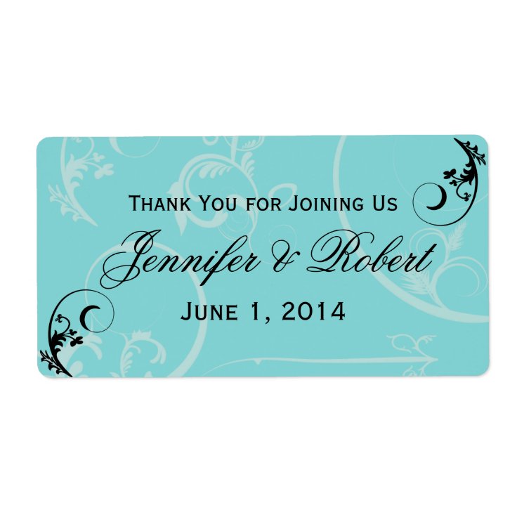 Turquoise Black Swirl Flourish Water Bottle Label | Zazzle