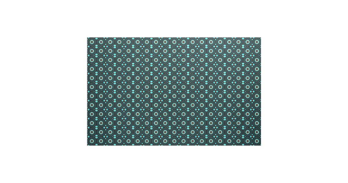Turquoise & Black Trendy Floral Geometric Pattern Fabric | Zazzle