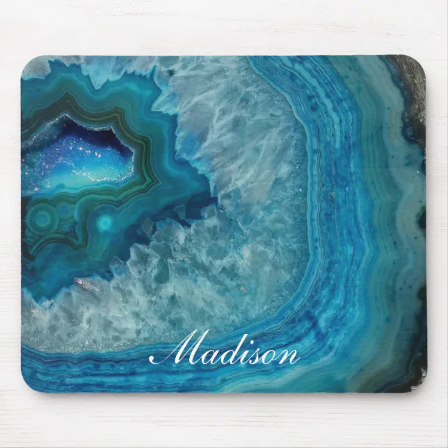 Turquoise Blue Agate Geode Monogram Name Mouse Pad | Zazzle