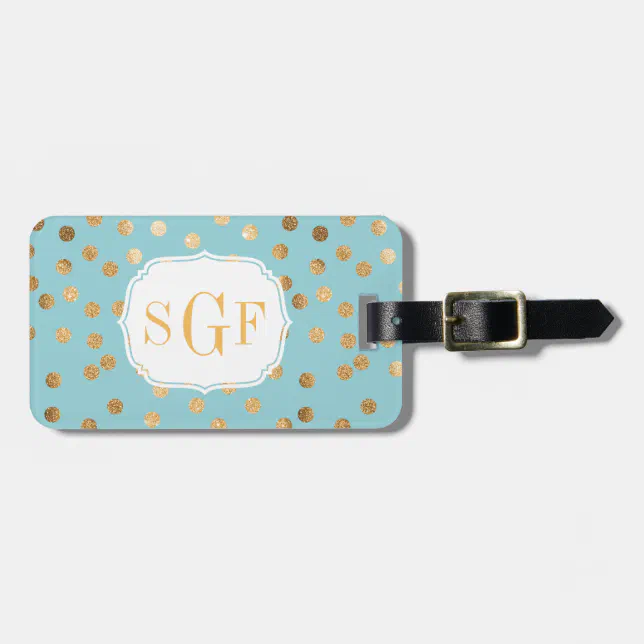Turquoise Blue and Gold Glitter City Dots Monogram Luggage Tag | Zazzle