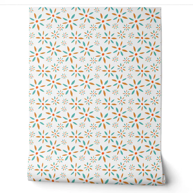 Turquoise Blue And Orange Retro Flower Pattern Wallpaper | Zazzle