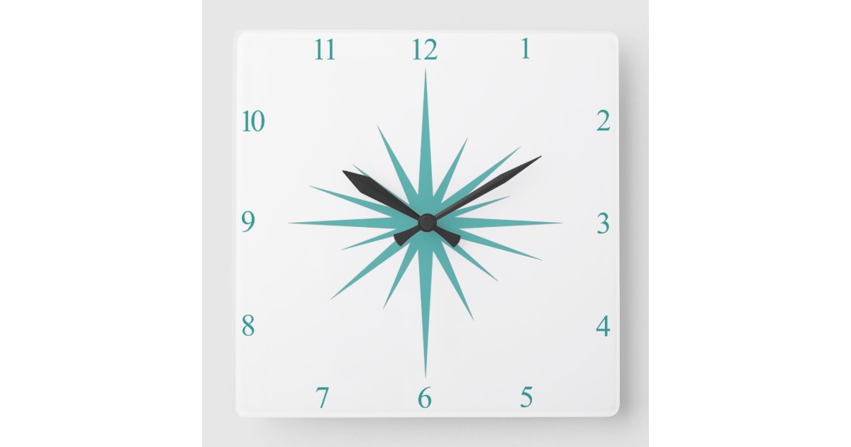 Turquoise Blue Atomic Starburst Numbers Midcentury Square Wall Clock ...