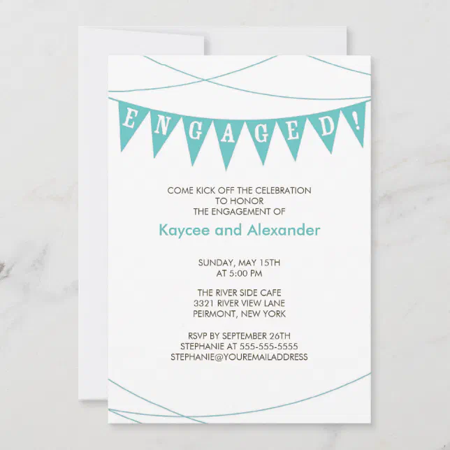 Turquoise Blue Banner Engagement Invitations | Zazzle
