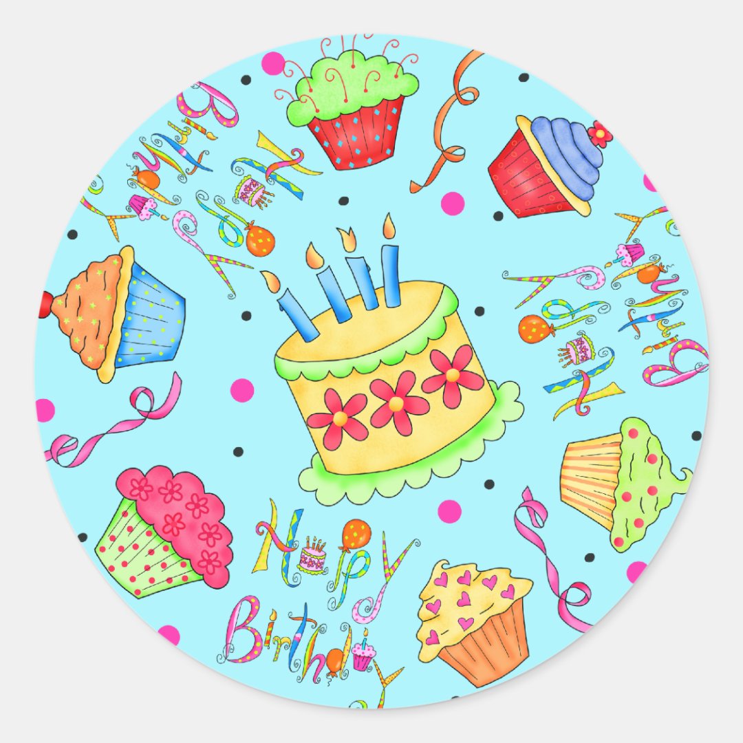 Turquoise Blue Cupcakes and Cake Happy Birthday Classic Round Sticker ...