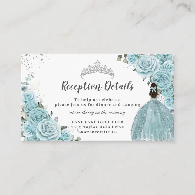 Turquoise Blue Floral Silver Quinceañera Reception Enclosure Card | Zazzle