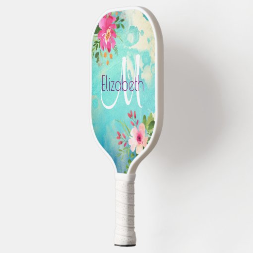 Turquoise Blue Floral Watercolor Modern Monogram Pickleball Paddle | Zazzle
