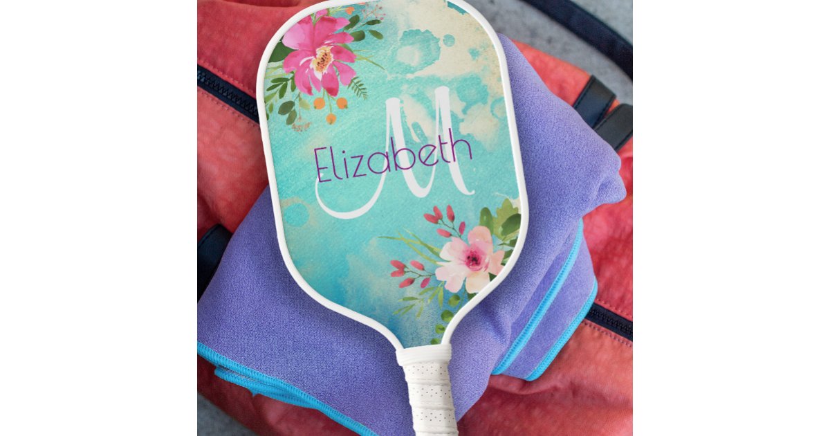 Turquoise Blue Floral Watercolor Modern Monogram Pickleball Paddle | Zazzle
