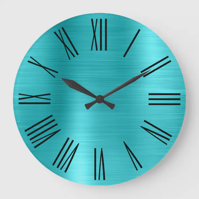 Turquoise Blue Foil Black Roman Numerals Large Clock | Zazzle