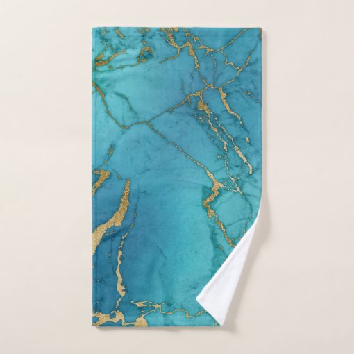 Turquoise Blue Gold Marble Stone Rock Metallic Bath Towel Set | Zazzle