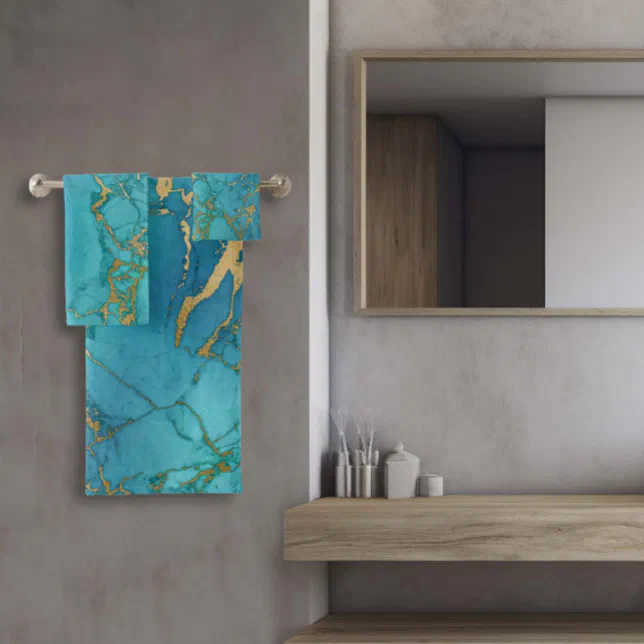 Turquoise Blue Gold Marble Stone Rock Metallic Bath Towel Set | Zazzle