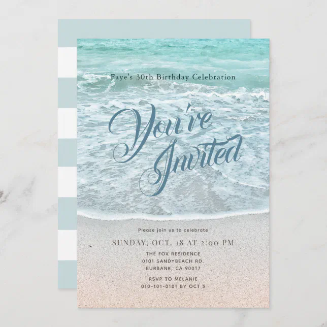 Turquoise Blue Ocean Sandy Beach Birthday Invitation | Zazzle