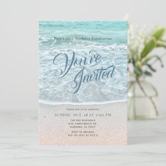 Turquoise Blue Ocean Sandy Beach Birthday Invitation | Zazzle
