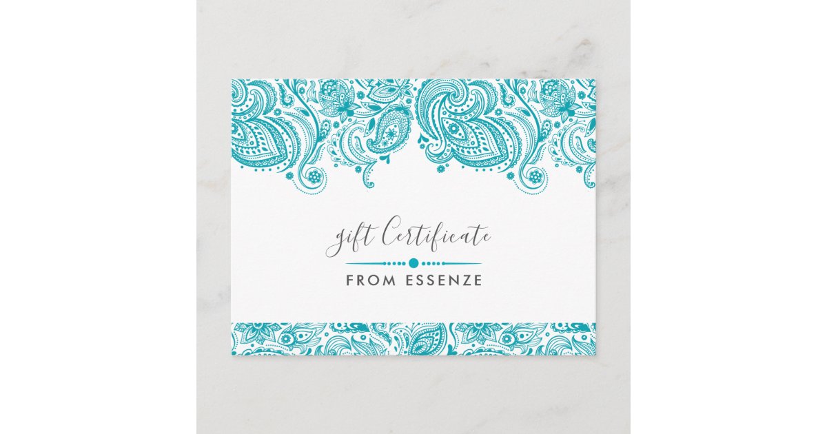 Turquoise-Blue paisley Lace Gift Certificate Postcard | Zazzle