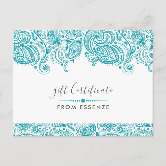 Turquoise-Blue paisley Lace Gift Certificate Postcard | Zazzle