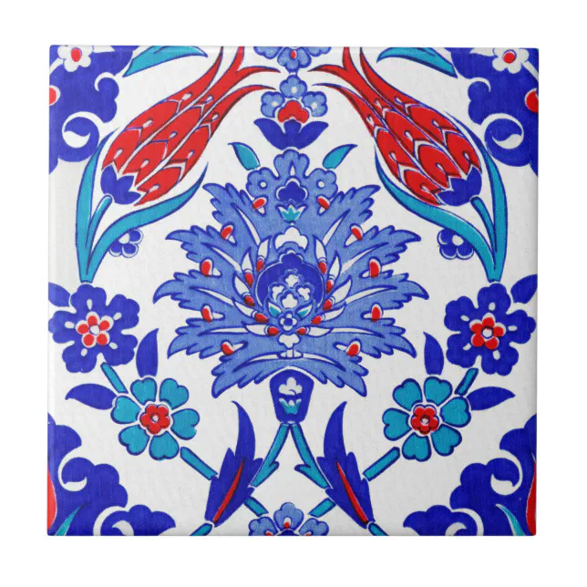 Turquoise Blue Red Ancient Turkish Floral Tile | Zazzle