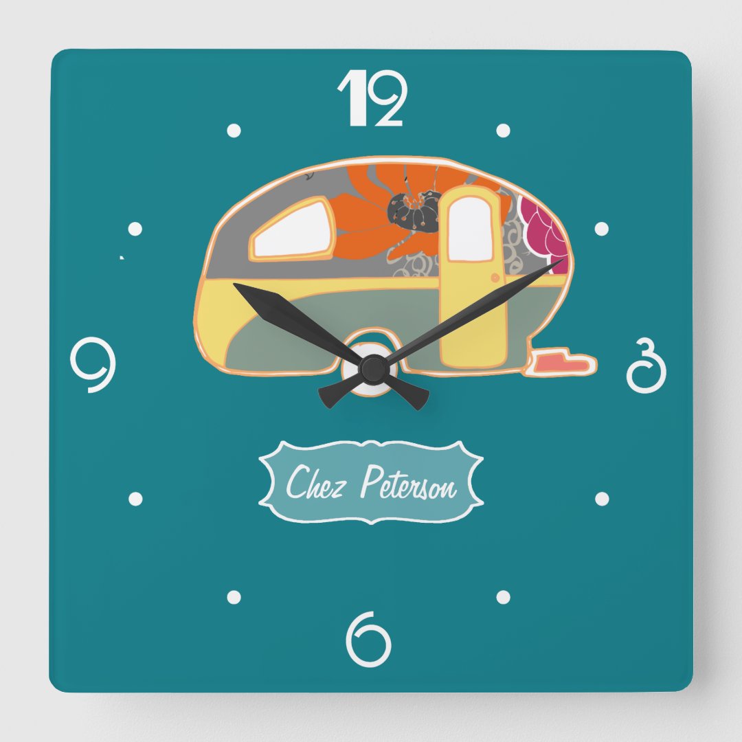 Turquoise Blue Retro Vintage Caravan Design Square Wall Clock | Zazzle