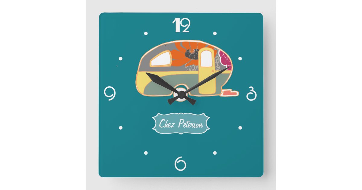 Turquoise Blue Retro Vintage Caravan Design Square Wall Clock | Zazzle