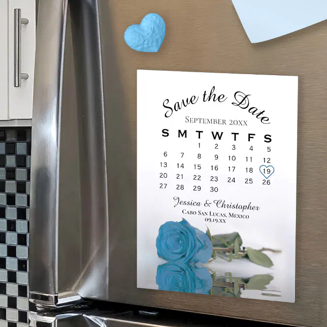 Turquoise Blue Rose Save the Date Calendar Magnet | Zazzle