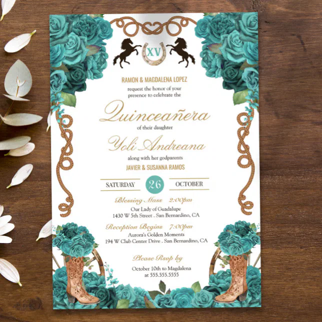Turquoise Blue Rose Western Charro Quinceanera Invitation | Zazzle