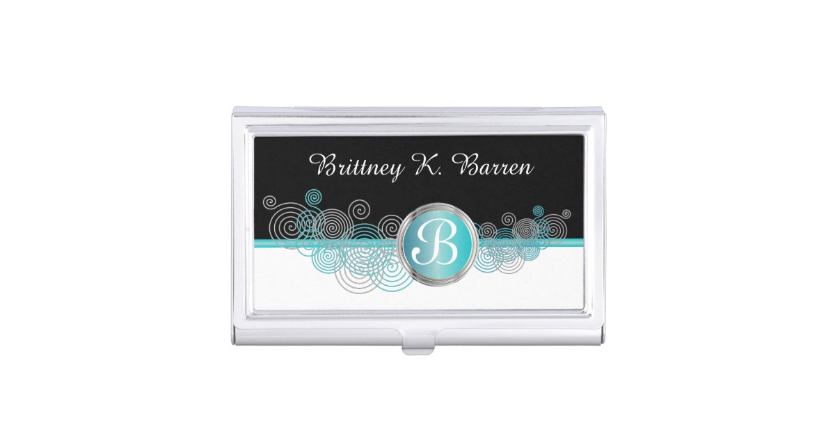Turquoise Blue, Silver and Black Abstract Curls Case For Business Cards ...