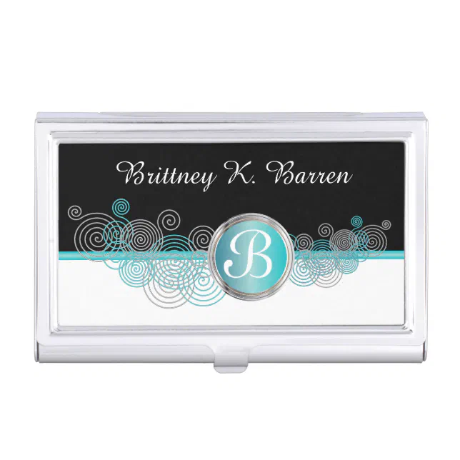 Turquoise Blue, Silver and Black Abstract Curls Case For Business Cards ...